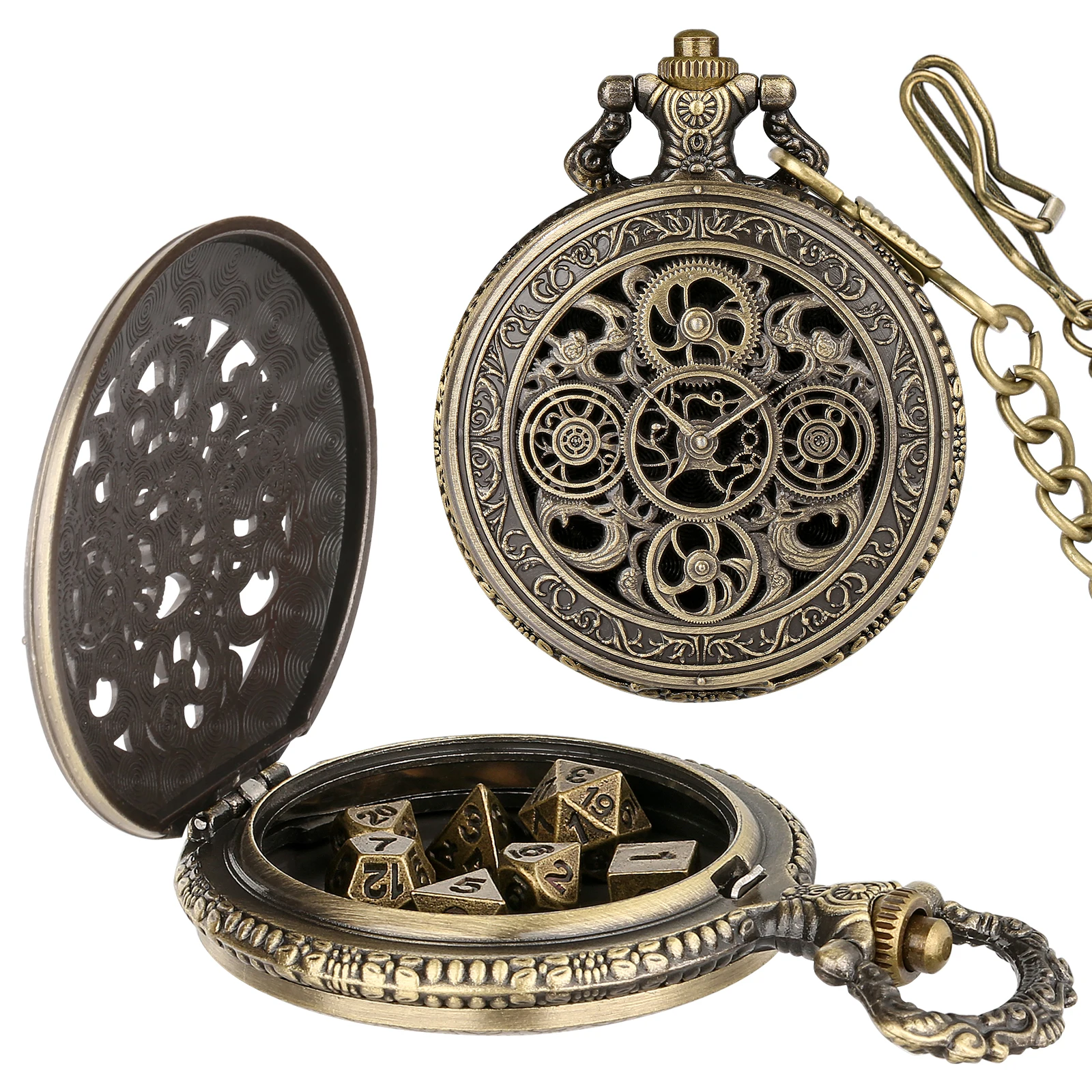 YISUYA Vintage Gears Pocket Watch Case Dice Set, 7pcs Polyhedral Metal ...