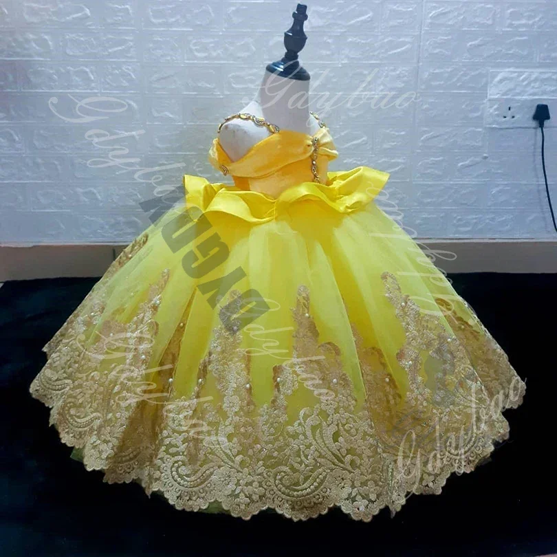 Real-Imaged-Wedding-Flower-Girl-Dresses-Little-Girls-Yellow-Lace-Tulle ...