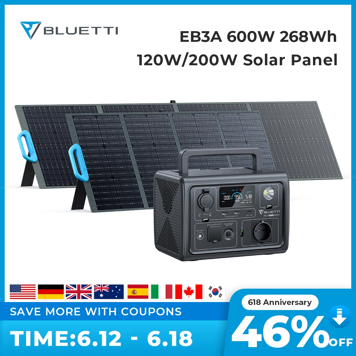 Generador Solar BLUETTI EB3A, estación de energía portátil de 600W, 268Wh, batería LiFePO4, onda ...