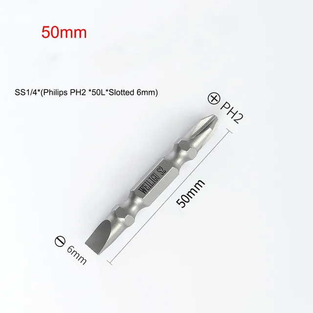 마그네틱 PH2 필립스 크로스 및 6mm 플랫 슬롯 드라이버 비트, 길이 50mm, 65mm, 100mm, 150mm, 200mm, 더블 헤드 드라이버 비트, 1 개