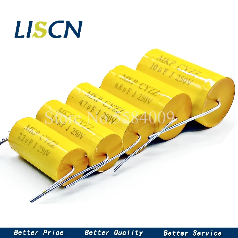 2pcs MKP yellow round axial 250v1/2.2/3.3/4.7/6.8/10uf electrodeless ...