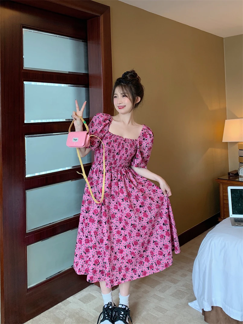 Pink broken beautiful dress female summer new style French square ...