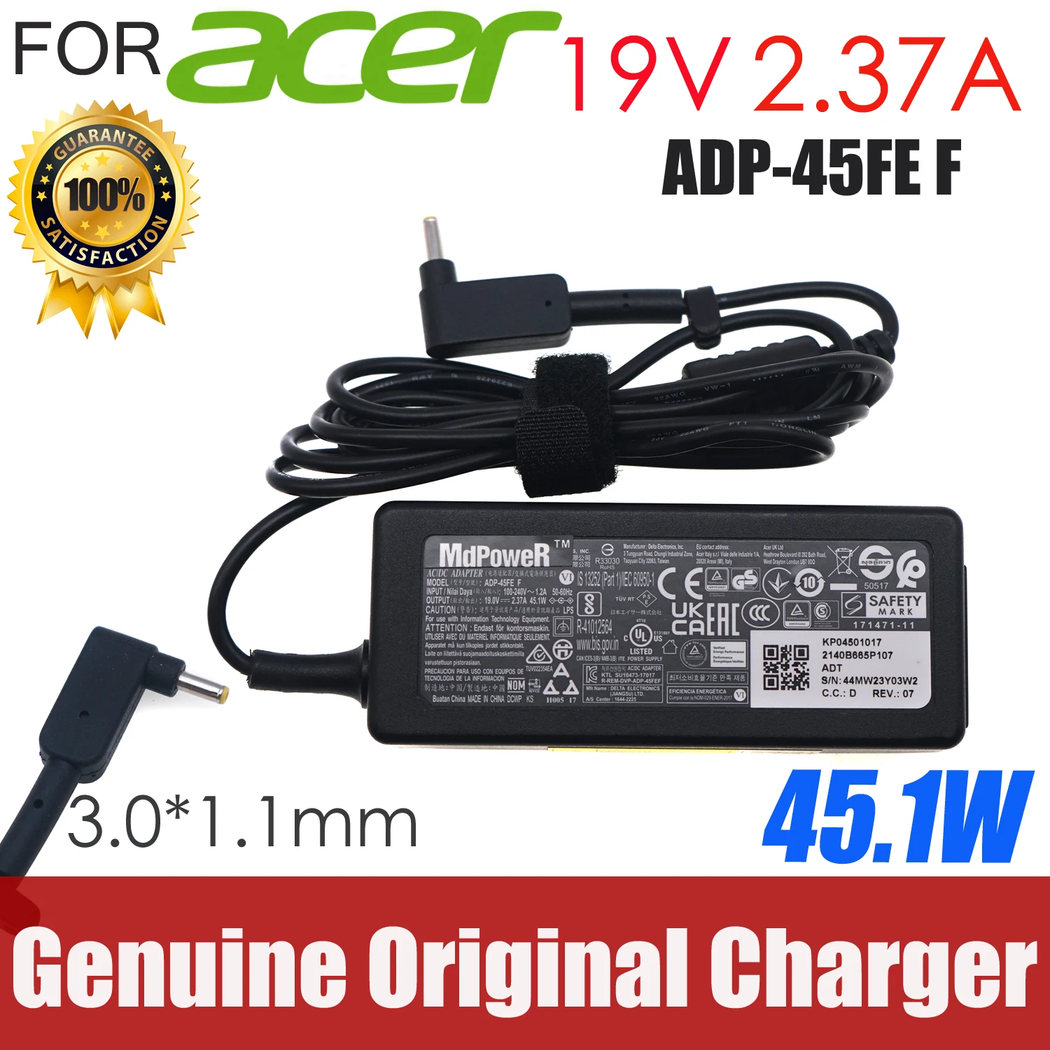 Genuine Delta 45W AC Adapter Charger For ACER Laptop 19V 2.37A 45W 3 ...