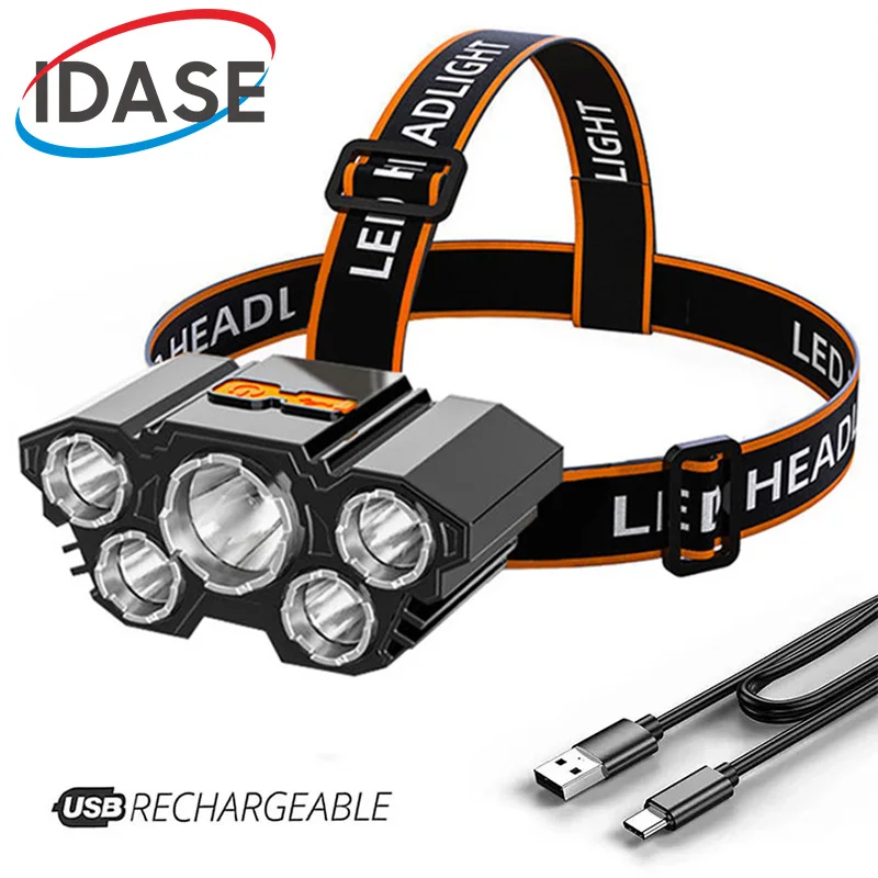 5 LED Headlamp Rechargeable Powerful Head Lamp with Built in 18650 ...