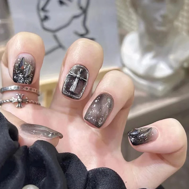 Black-Y2K-Fake-Nails-with-Glue-Artificial-Nails-Tips-with-Matte-Black ...