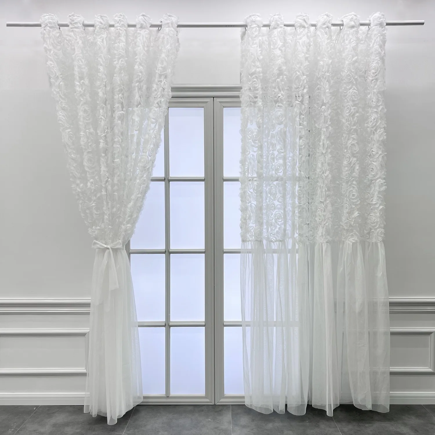 French Romantic 3D Rose White Tulle Skirt Curtains For Luxury Living ...