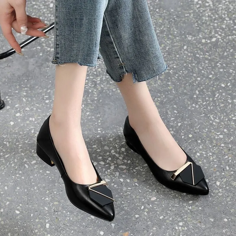 Women Casual Sweet Black Pu Leather Pointed Toe Spring Slip on Square ...