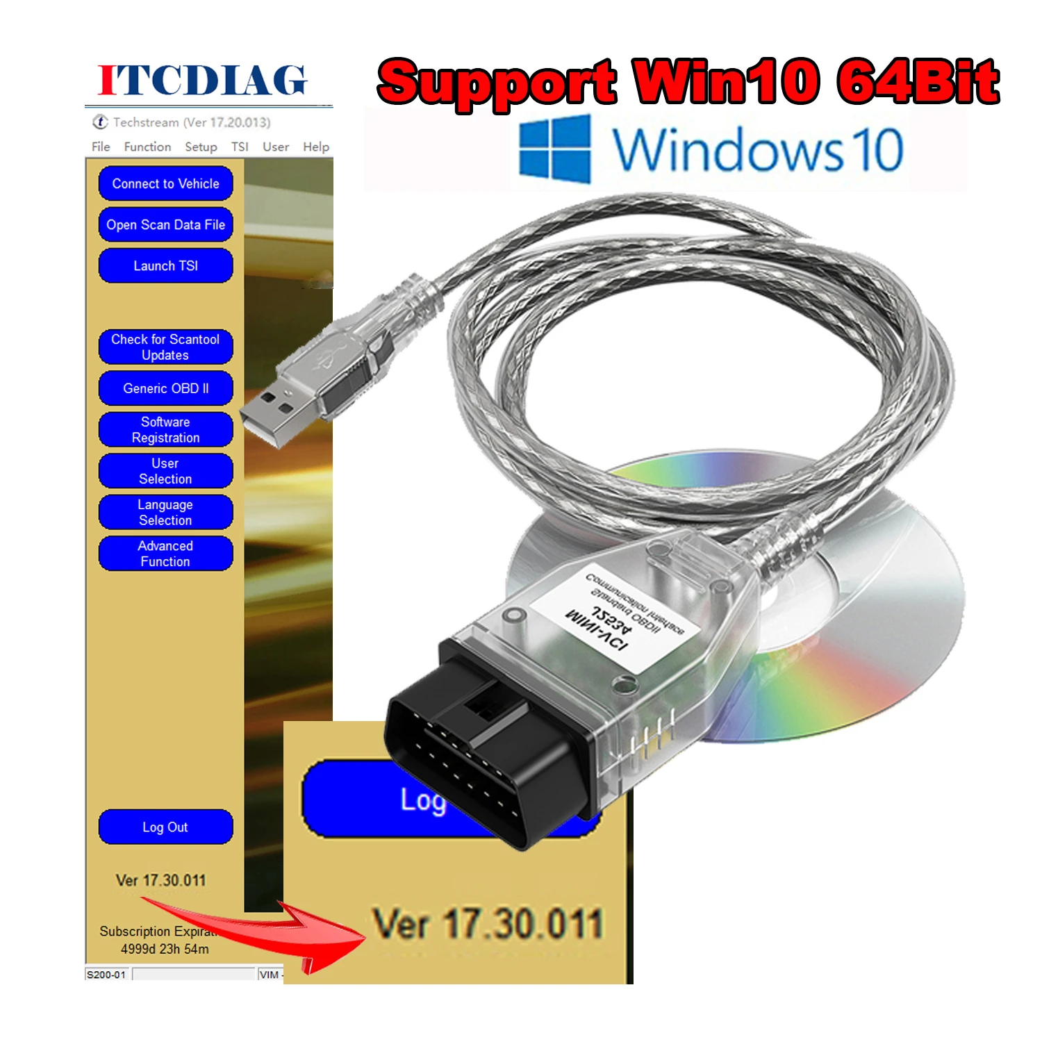 Mini Vci For Toyota Tis Techstream Software V17.10.012 Single Cable ...