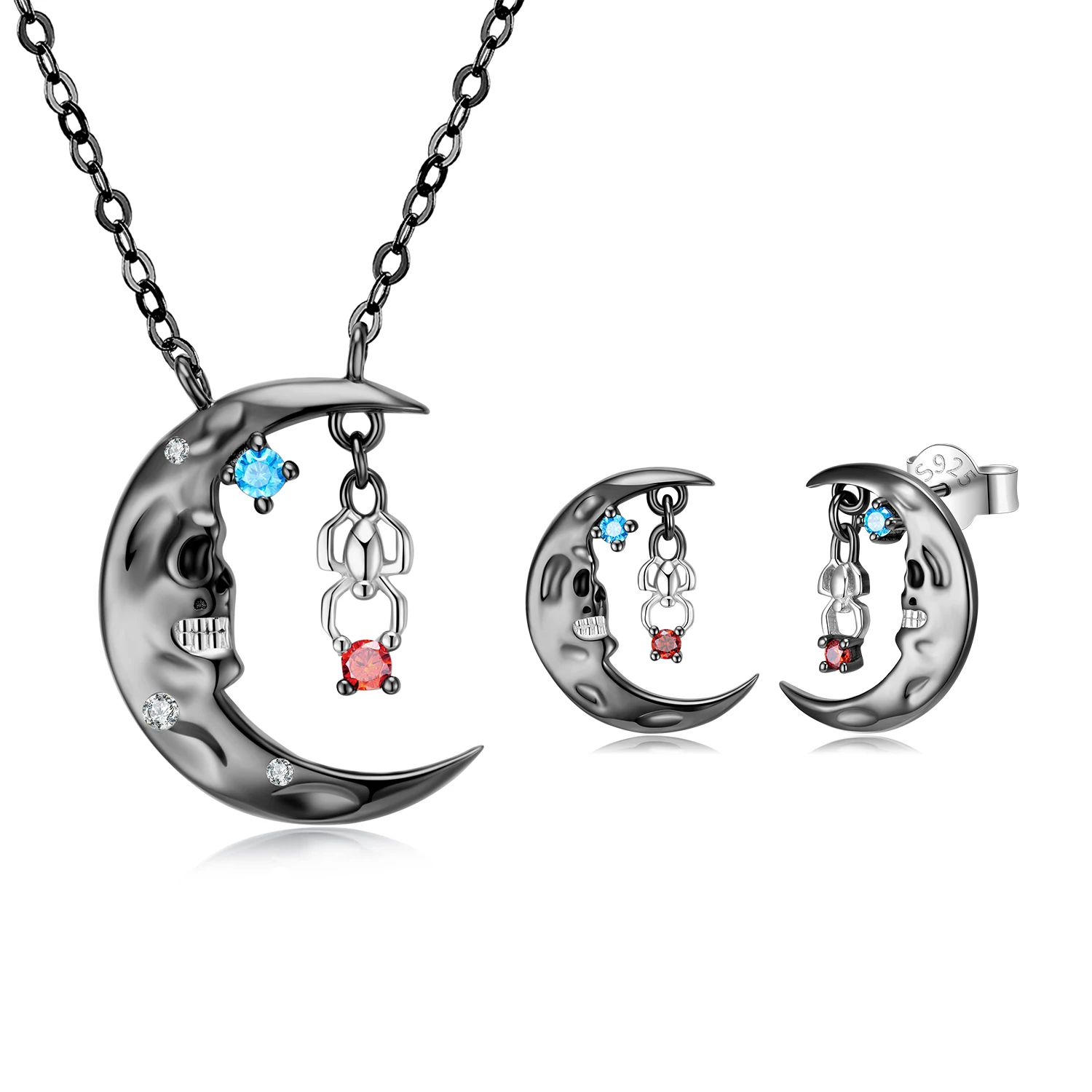 100% Real 925 Sterling Silver Skull Face Necklace Stud Earrings ...