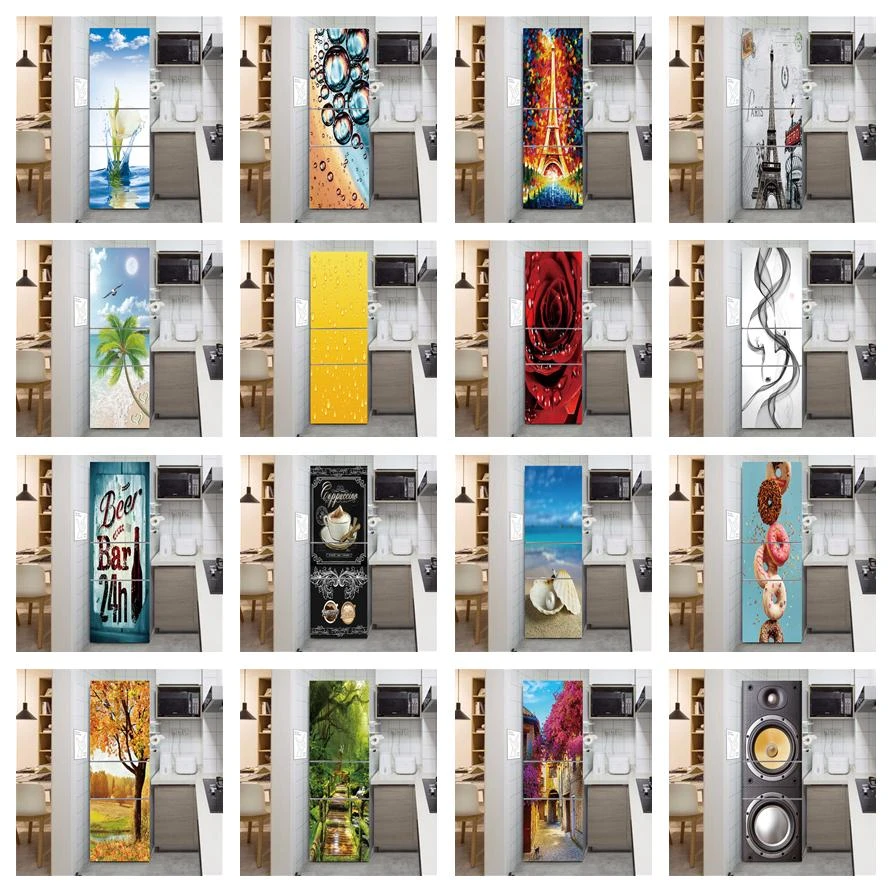 3d Refrigerator Stickers Landscape Flower Fridge Cover Waterproof Vinyl ...
