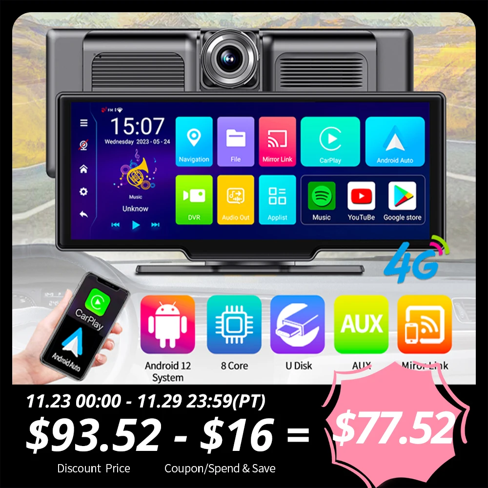 10-26-4G-Android-12-Car-DVR-Wireless-CarPlay-Android-Auto-Dash-Cam-ADAS ...
