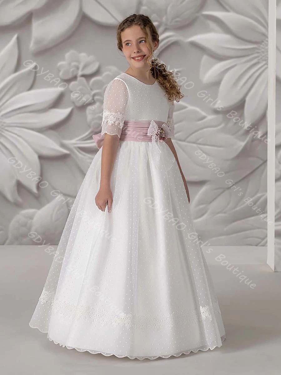 Elegant Girls Lace First Holy Communion Dress Round Neck Half Sleeve ...