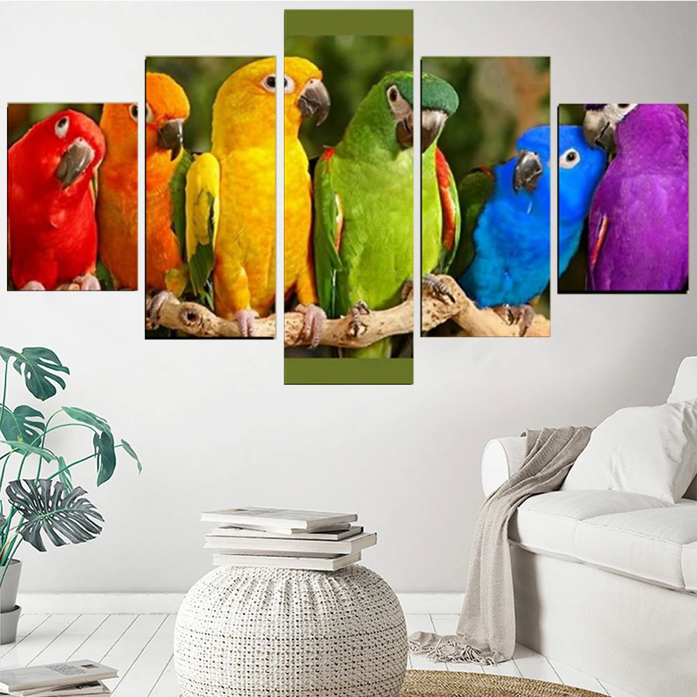 Painting-Wall-Art-Modular-Poster-Home-Decor-5-Panel-Colorful-Parrots ...