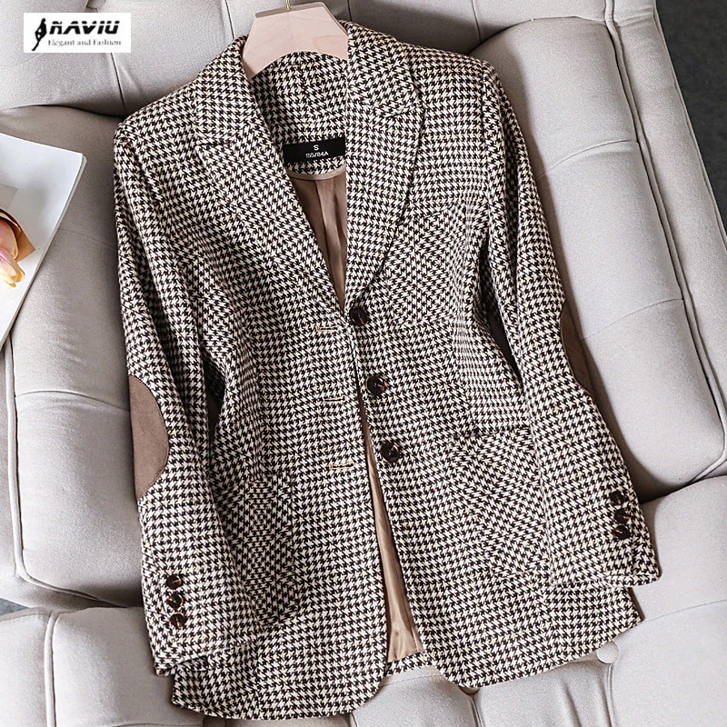 Coffee Plaid Blazer Women Tempeament Wool Long Sleeve New Fashion Slim ...