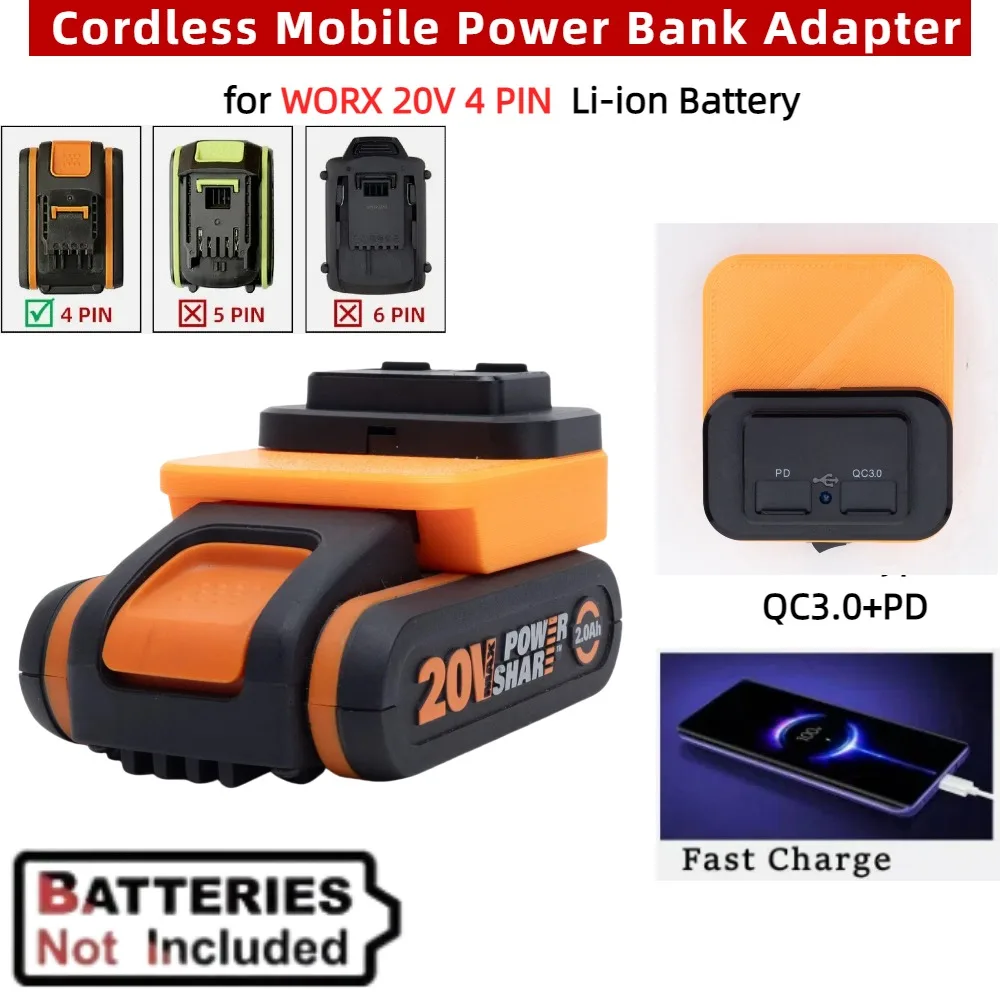 Cordless Mobile Power Bank Adapter for WORX 20V 4 PIN Li-Ion Battery ...