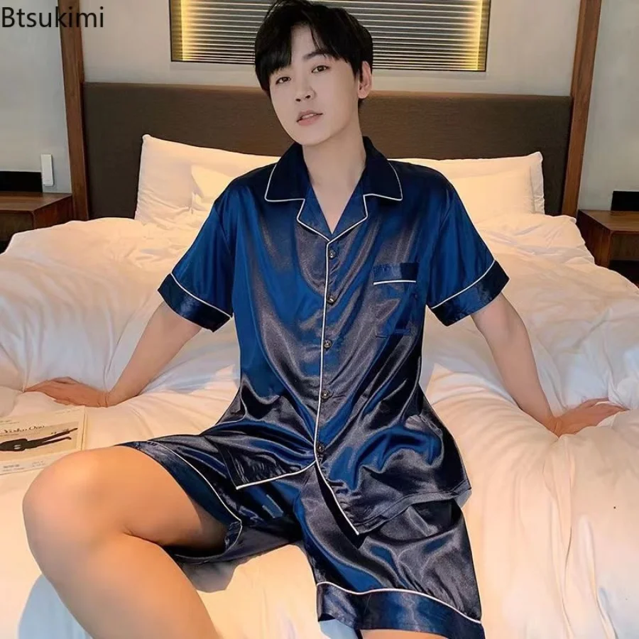 New Summer Men Pajama Sets Silk Satin Pijama Turn-down Collar Sleepwear ...
