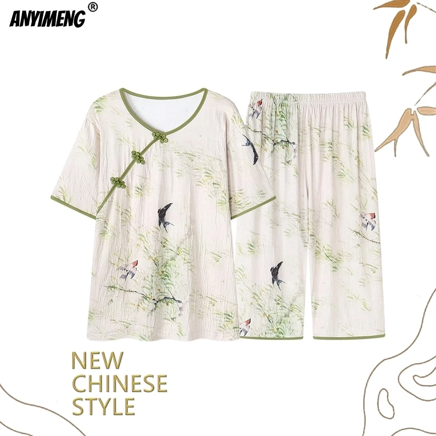 NEW-CHINESE-STYLE-Fashion-Women-Pajamas-Set-Summer-Crepe-Cotton ...
