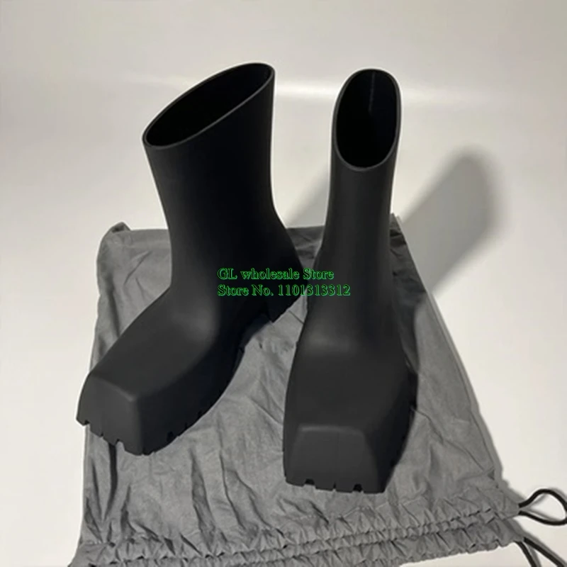 Platform Rubber Rain Boots Square Toe Women Ankle Boots Fashion Women Boots Black White Grey Plus Size 35 45 Square Heel Slip on