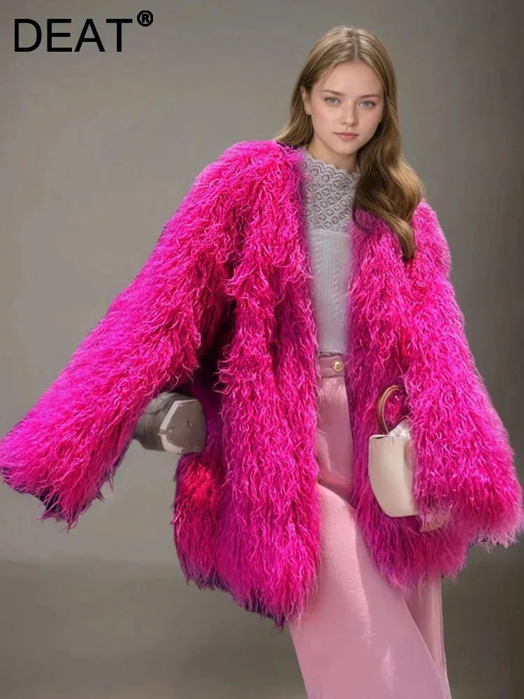 DEAT Fashion Rose Red Imitation Mongolia Sheep Fur Coat Women's Round ...