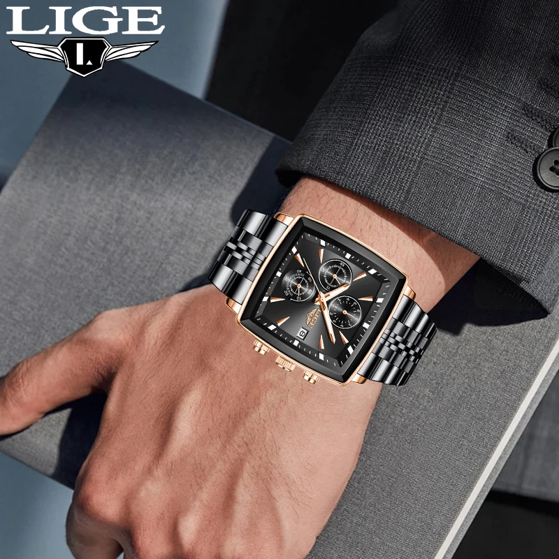 LIGE Fashion Luxury Watches for Men Square Dial Stainless Steel ...