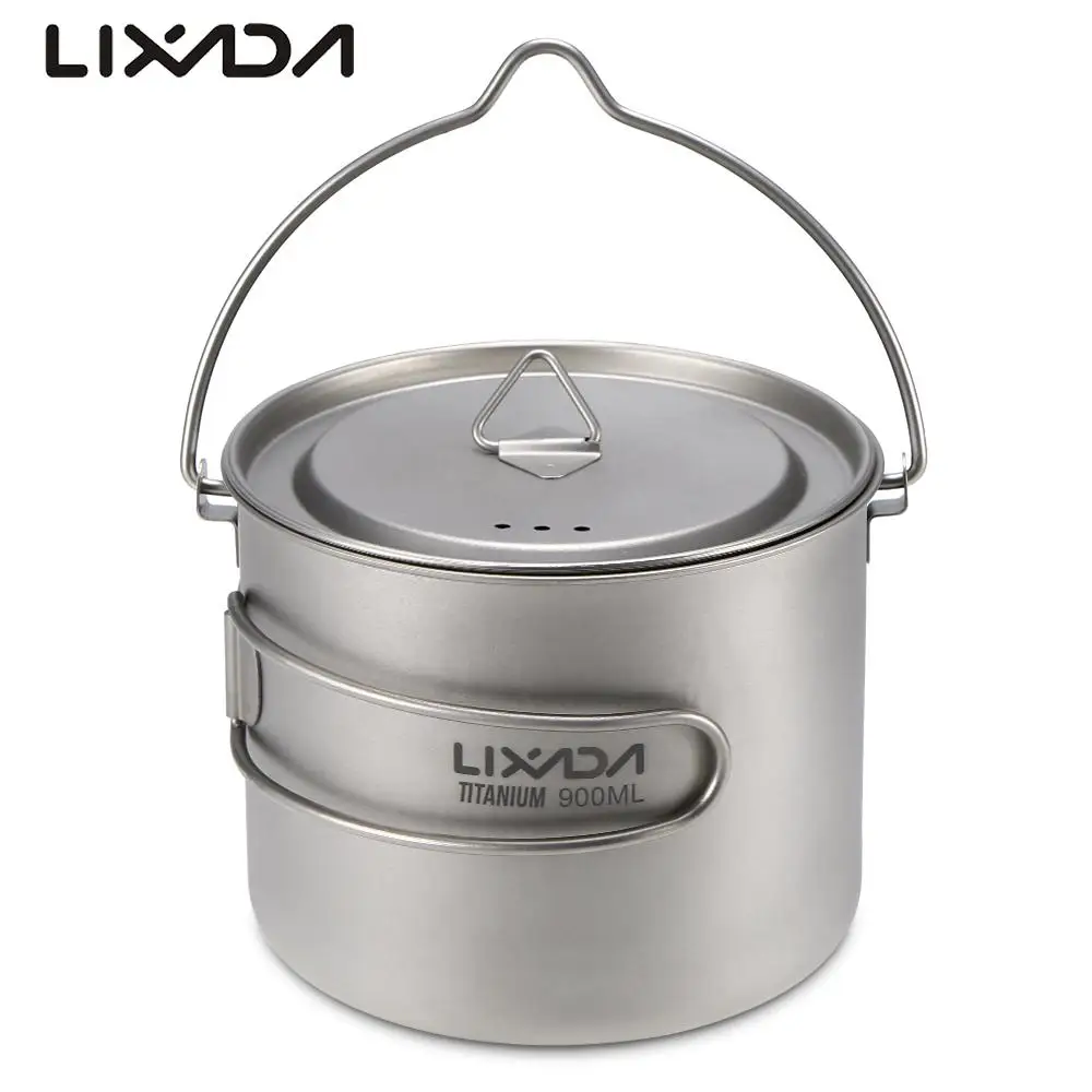 Lixada Olla de titanio portátil ultraligera con tapa y mango plegable para acampar al aire libre ...