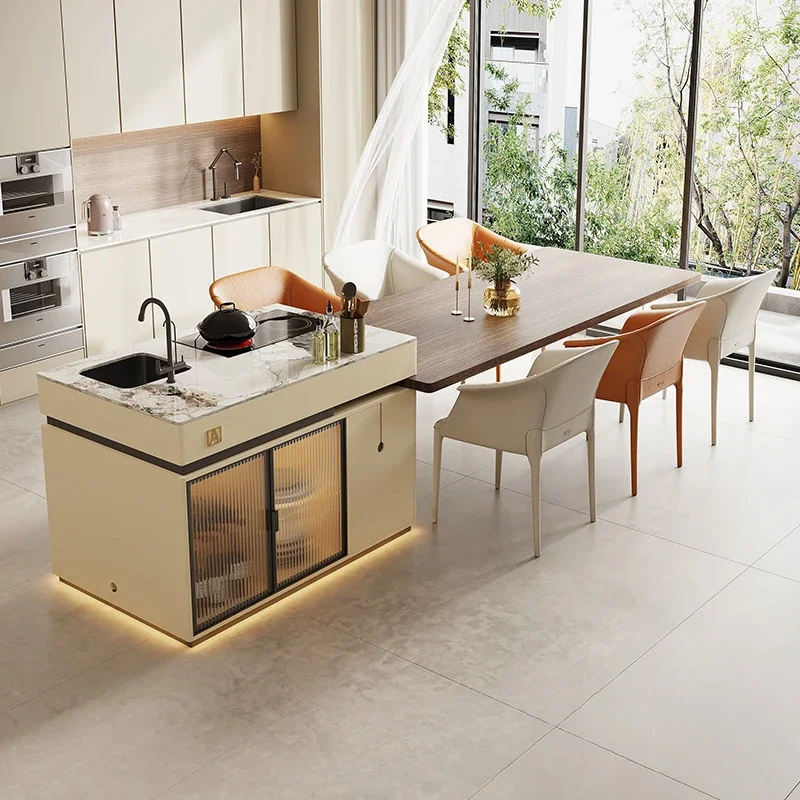 Solid Wood Retractable Kitchen Island Dining Table Integrated Cream ...