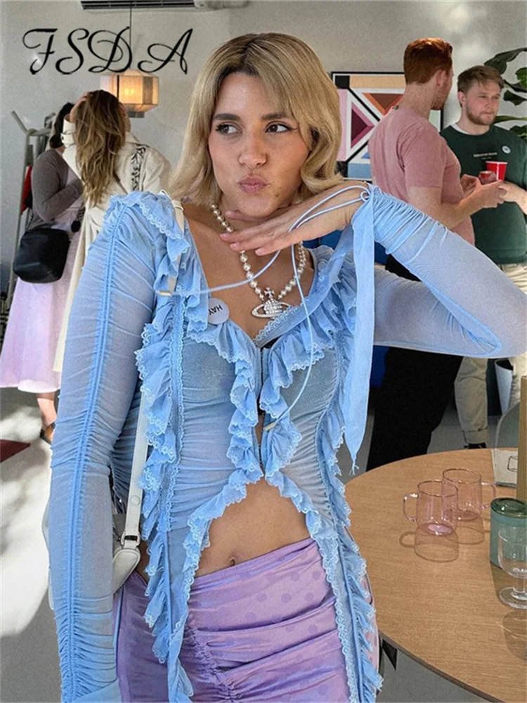 FSDA Ruffles Mesh Long Sleeve Sheer Shirt Top Women Sexy See Through ...