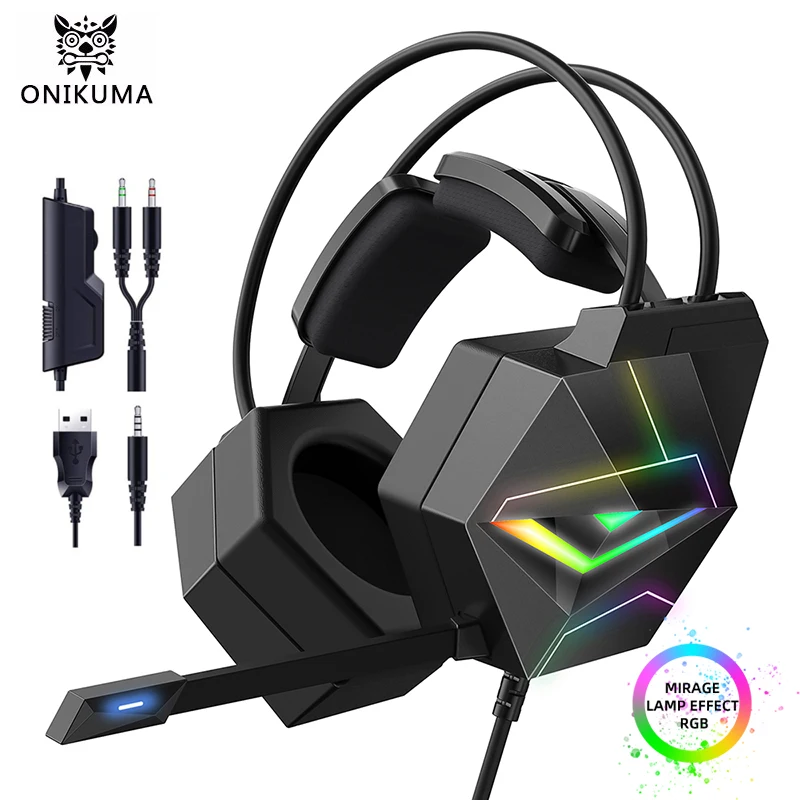 ONIKUMA X20 다이나믹 RGB 게임용 헤드셋, 마이크 오버 이어 헤드폰 7.1 서라운드 사운드 유선 이어폰 PC PS4 ...