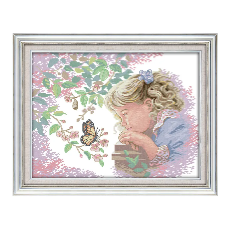 The Little Girl With Butterfly Cross Stitch Kit Print Canvas Hand Sew ...