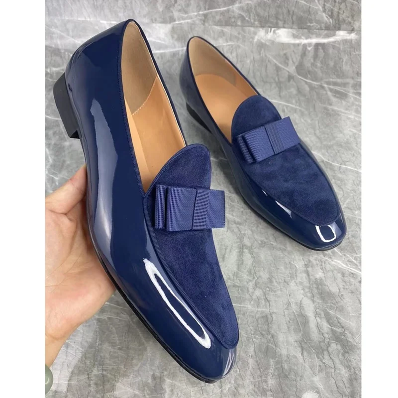 New-Luxury-Bright-Dark-Blue-Leather-Shoes-Men-Suede-Loafers-With-Bowtie ...