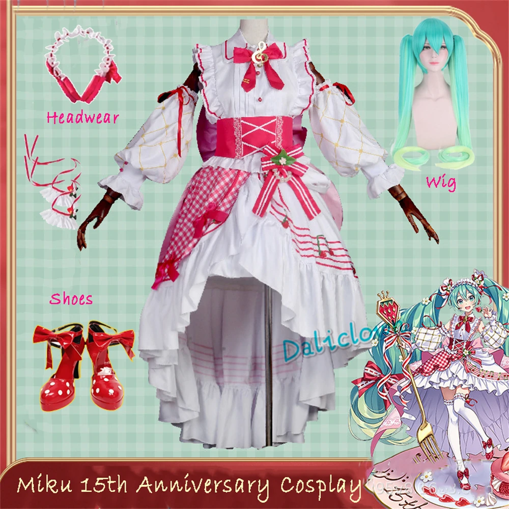 Anime Strawberry Miku 15th Anniversary Cosplay Costume Wig Shoes Lovely ...