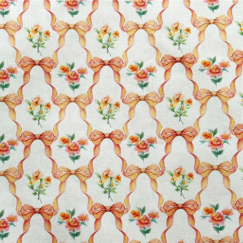 100-Cotton-Vintage-Pink-Orange-Ribbon-Rose-Fabric-Print-for-Tissue ...