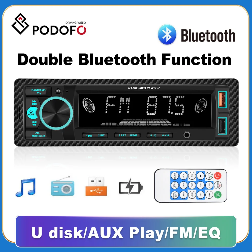 Podofo 1 Din Car Radio Stereo Player Digital Bluetooth Mp3 Player 60wx4 Fm Audio Stereo Music ...