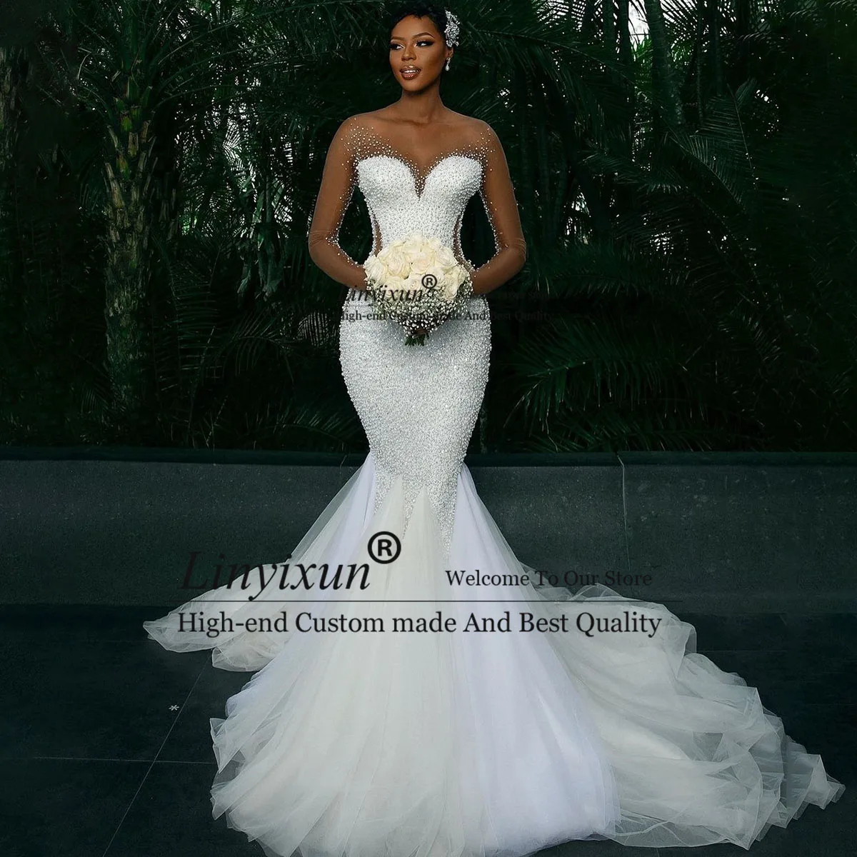 Sparkly-2024-Pearls-Long-Mermaid-Wedding-Dresses-For-Black-Girls-Beaded ...