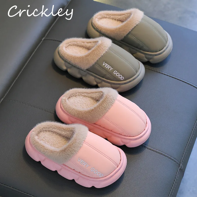 New Winter Solid Children Slippers PU Leather Warm Boys Girls Home ...