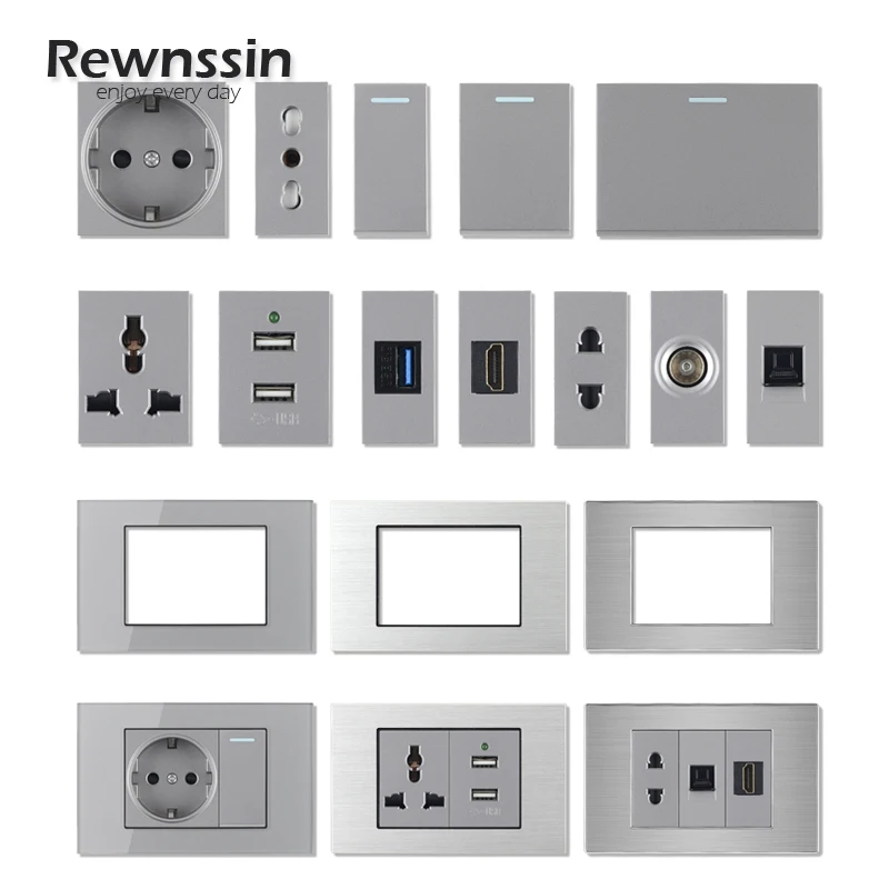 Gray Wall Socket Modules Functions ,Glass Metal Cover Plates Italian EU ...
