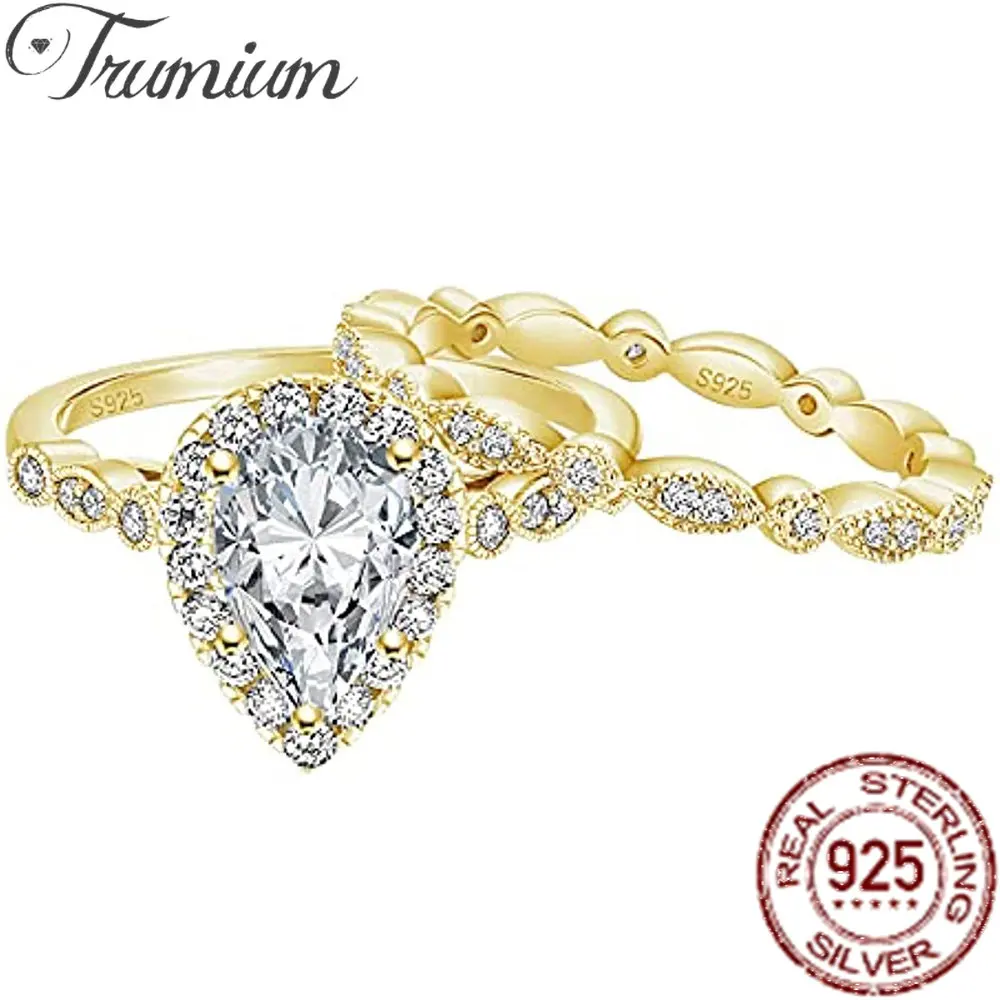 Trumium-1-5CT-925-Sterling-Silver-Bridal-Two-Ring-Set-Teardrop-CZ ...