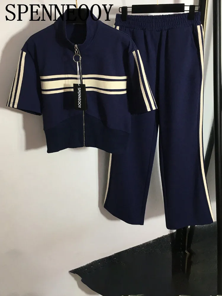 Spenneooy 빈티지 스트라이프 프린트 바지 정장 여성용 디자이너 패션 반팔 루즈 코트 탄성 허리 바지 여름
