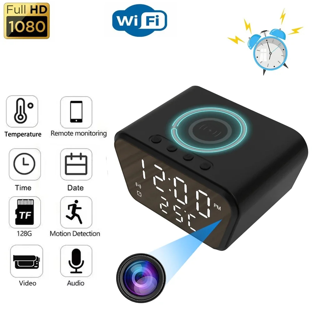HD-1080P-Wireless-Charging-Digital-LCD-Alarm-Clock-Wifi-Camera-With ...