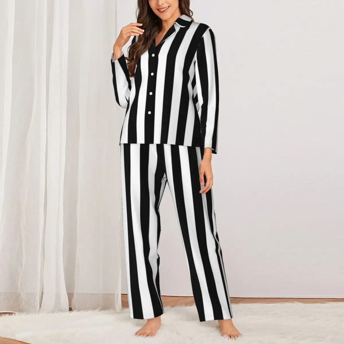 Pajamas-Female-Vintage-Striped-Print-Room-Sleepwear-Black-White ...