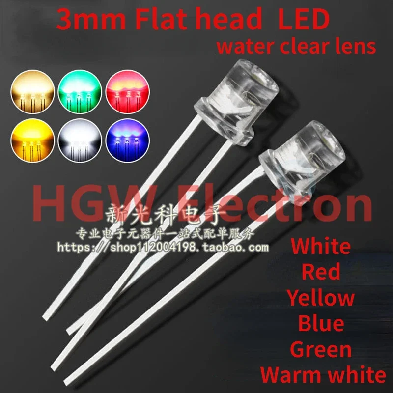 100pcs-3mm-LED-DIP-Flat-head-Diffused-White-Red-Yellow-Blue-Green-Warm ...