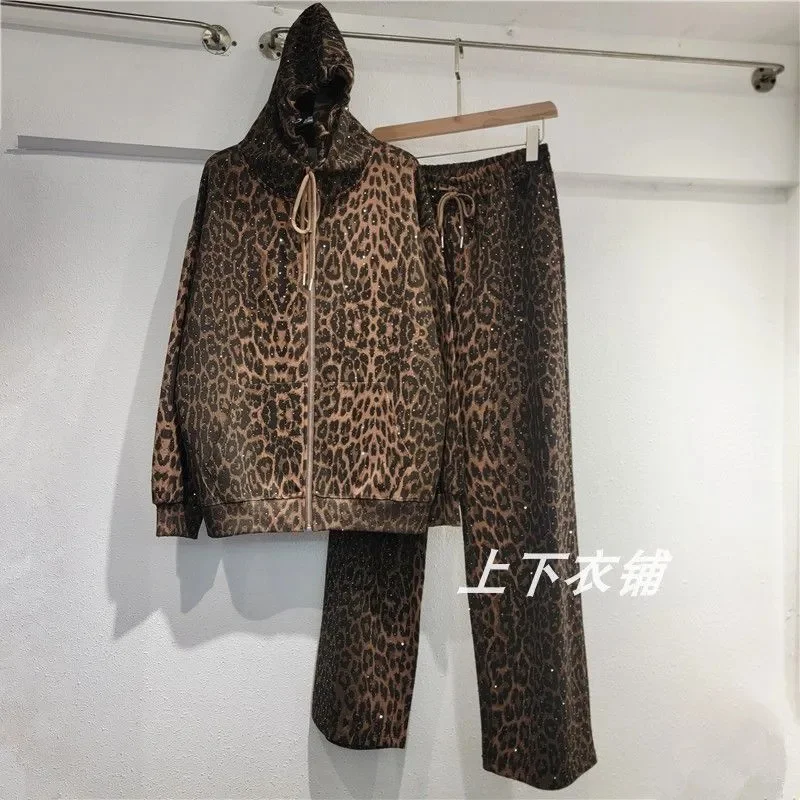 Leopard Print Loose Hooded Coat Leisure Suit Sportswear Women Two ...