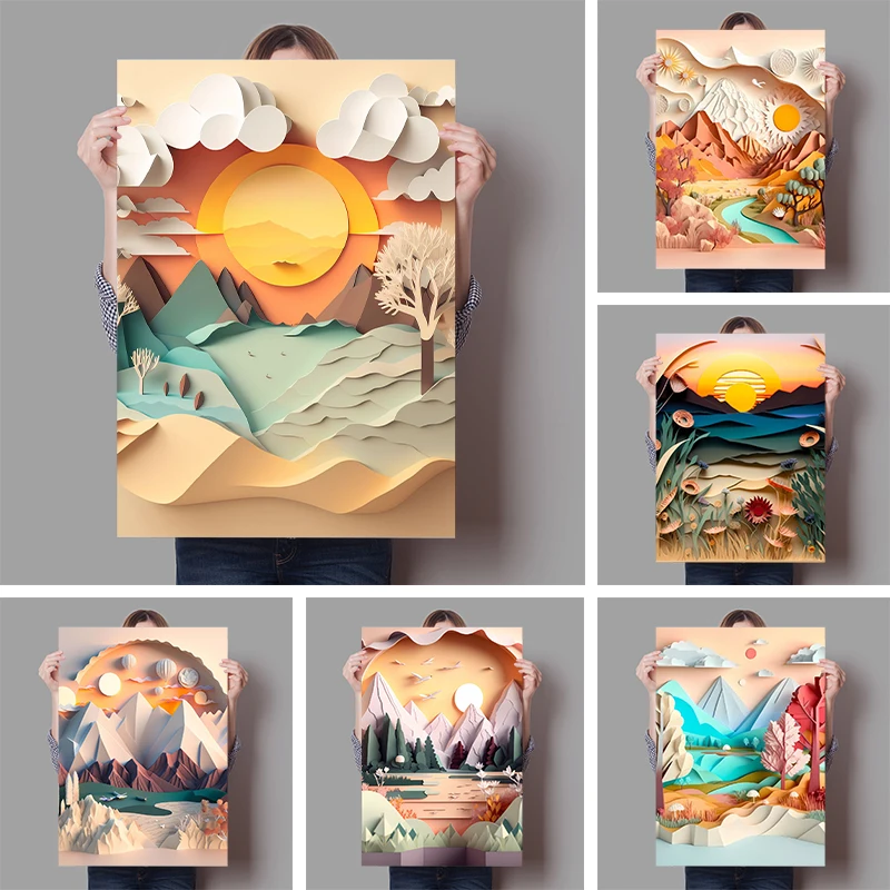 Paper-Cut-Print-Poster-Alien-World-Nature-in-Origami-Style-Wall-Art-Sun ...