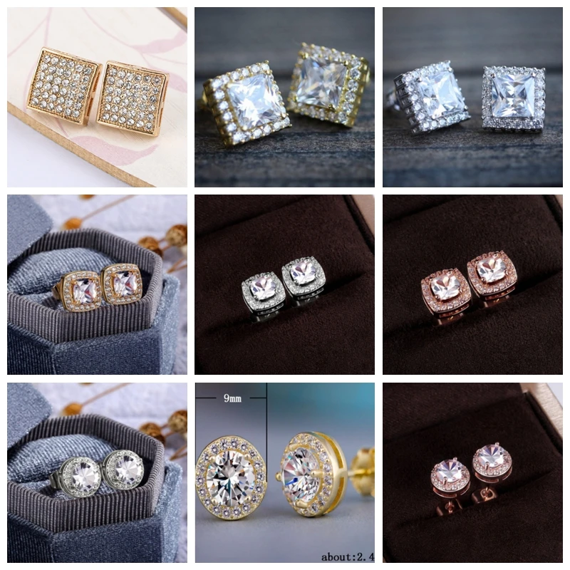 Couple-Punk-Hip-Hop-Stud-Earrings-Gold-Color-Iced-Out-Square-Bling ...