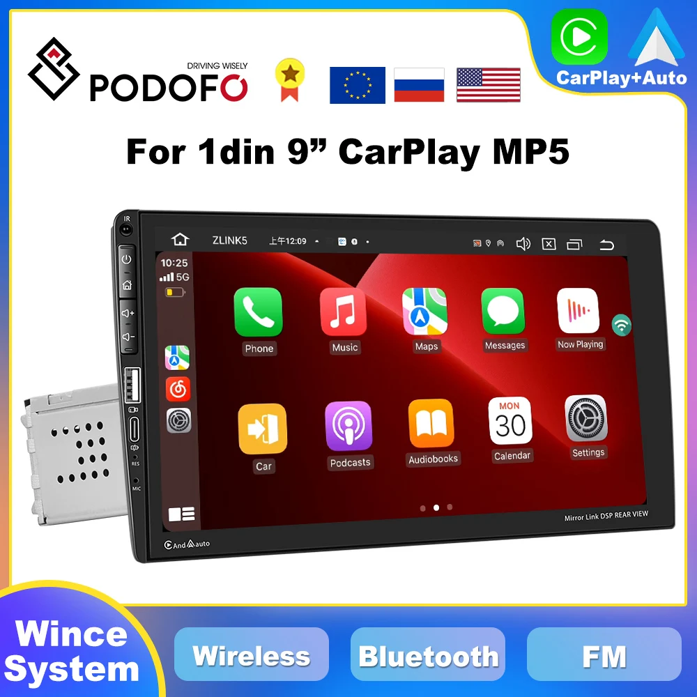 Podofo-1din-CarPlay-MP5-Player-9inch-Universally-Android-Auto-Car-Radio ...