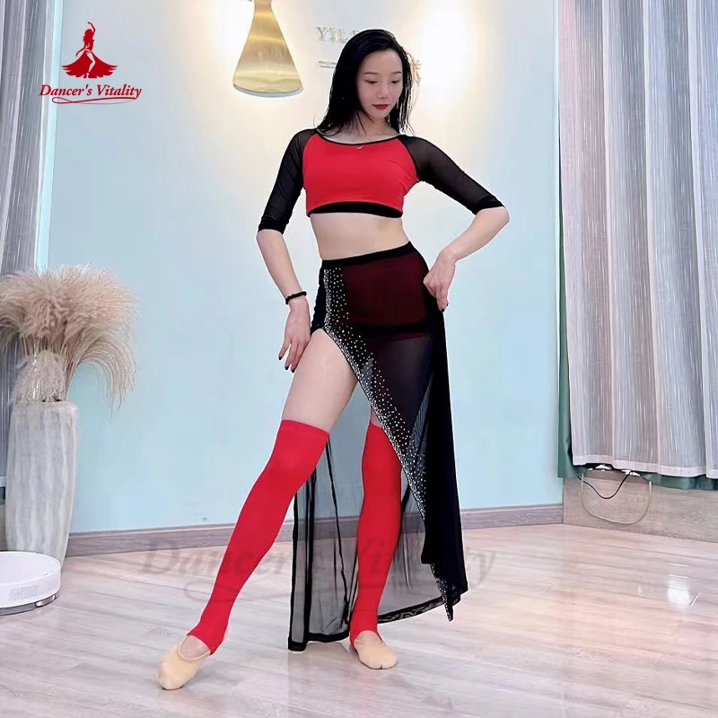 밸리 댄스웨어 의상 정장 맞춤형 하프 슬리브 탑 세톤 스플릿 롱 스커트 양말 3 피스 여성용 어린이 동양 복장 댄스웨어