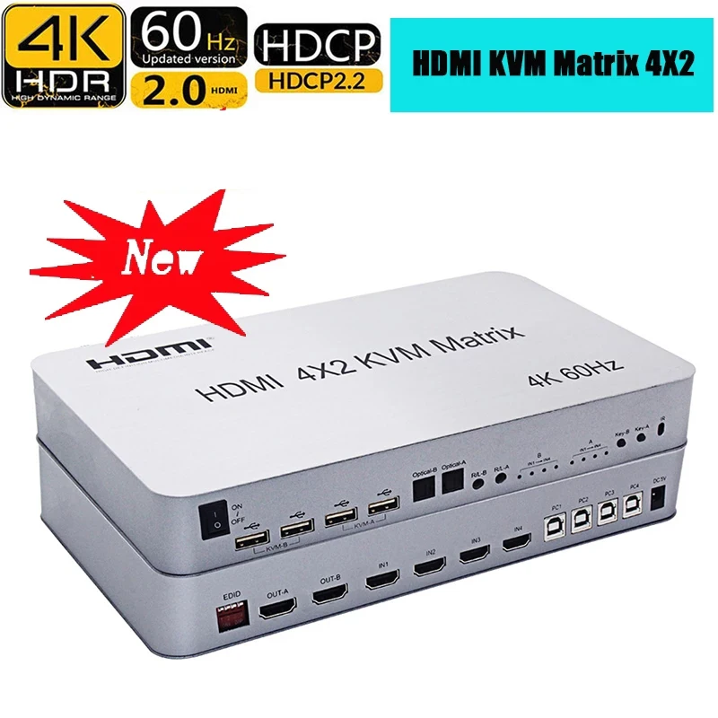 4K 60hz 4x2 HDMI KVM Matrix Audio Video Switch Splitter 4 Input 2 Output Switcher Can 2 USB ...