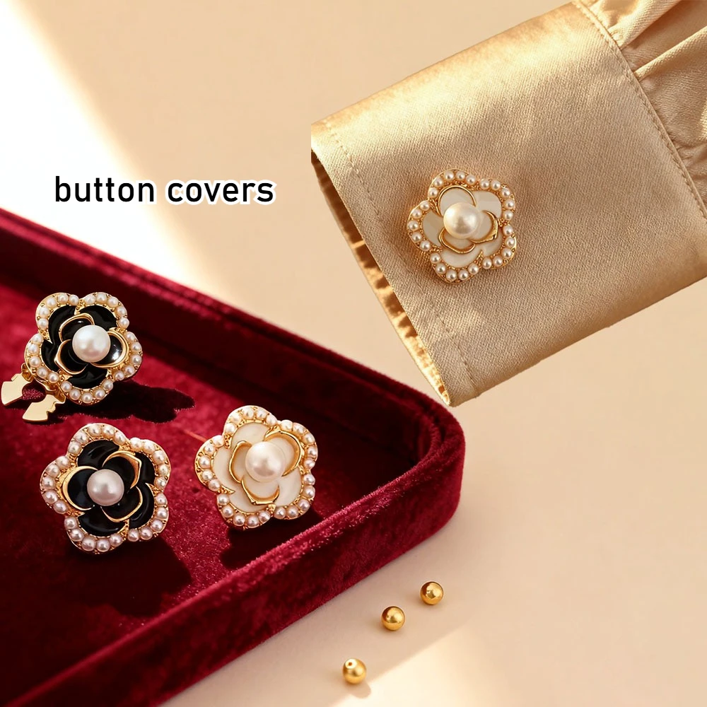 2PCS Fashion Metal Flower with Bow Pearl Button Covers for DIY Clothing ...