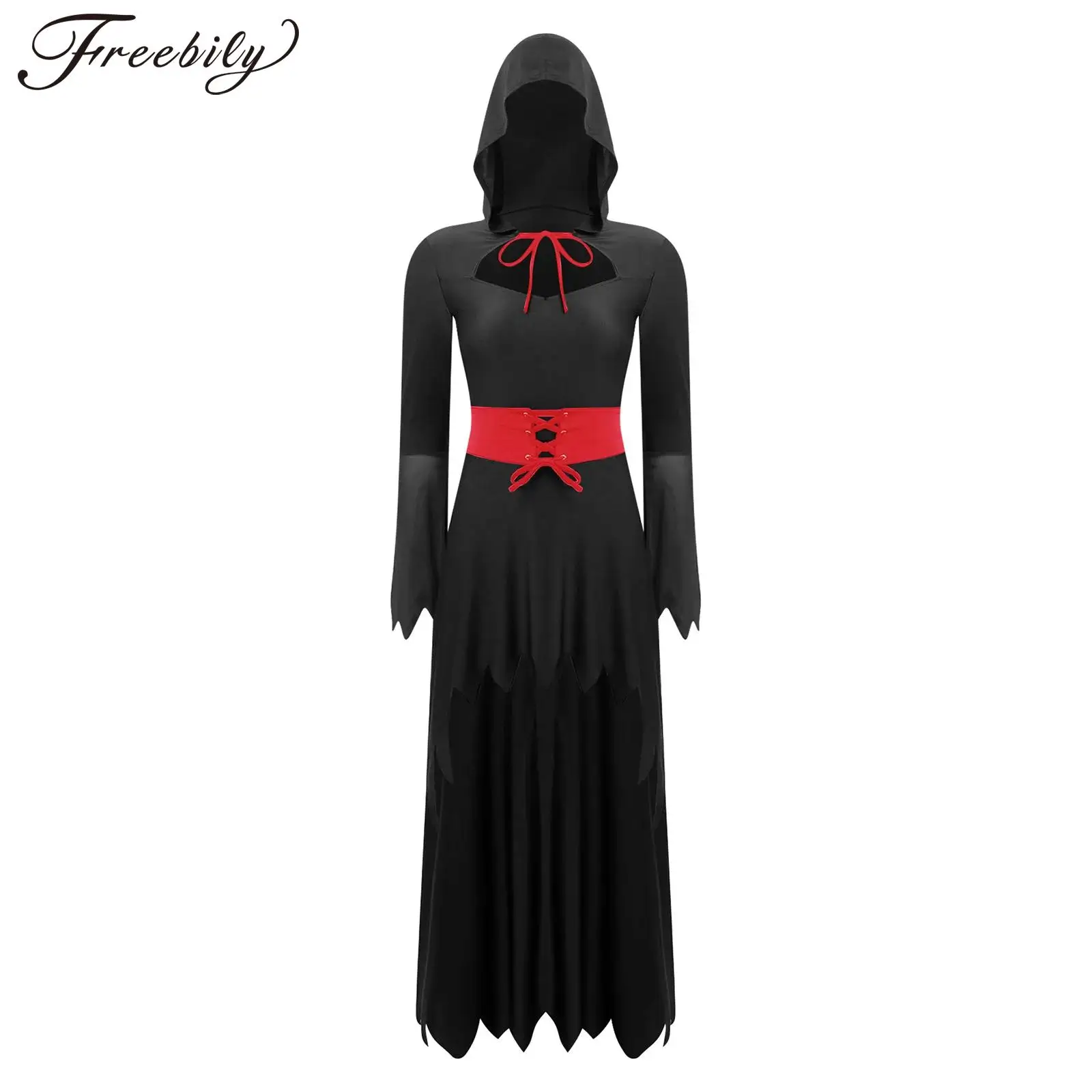 Women Devil Demon Satan Cosplay Costume Flared Long Sleeve Mesh Hooded ...