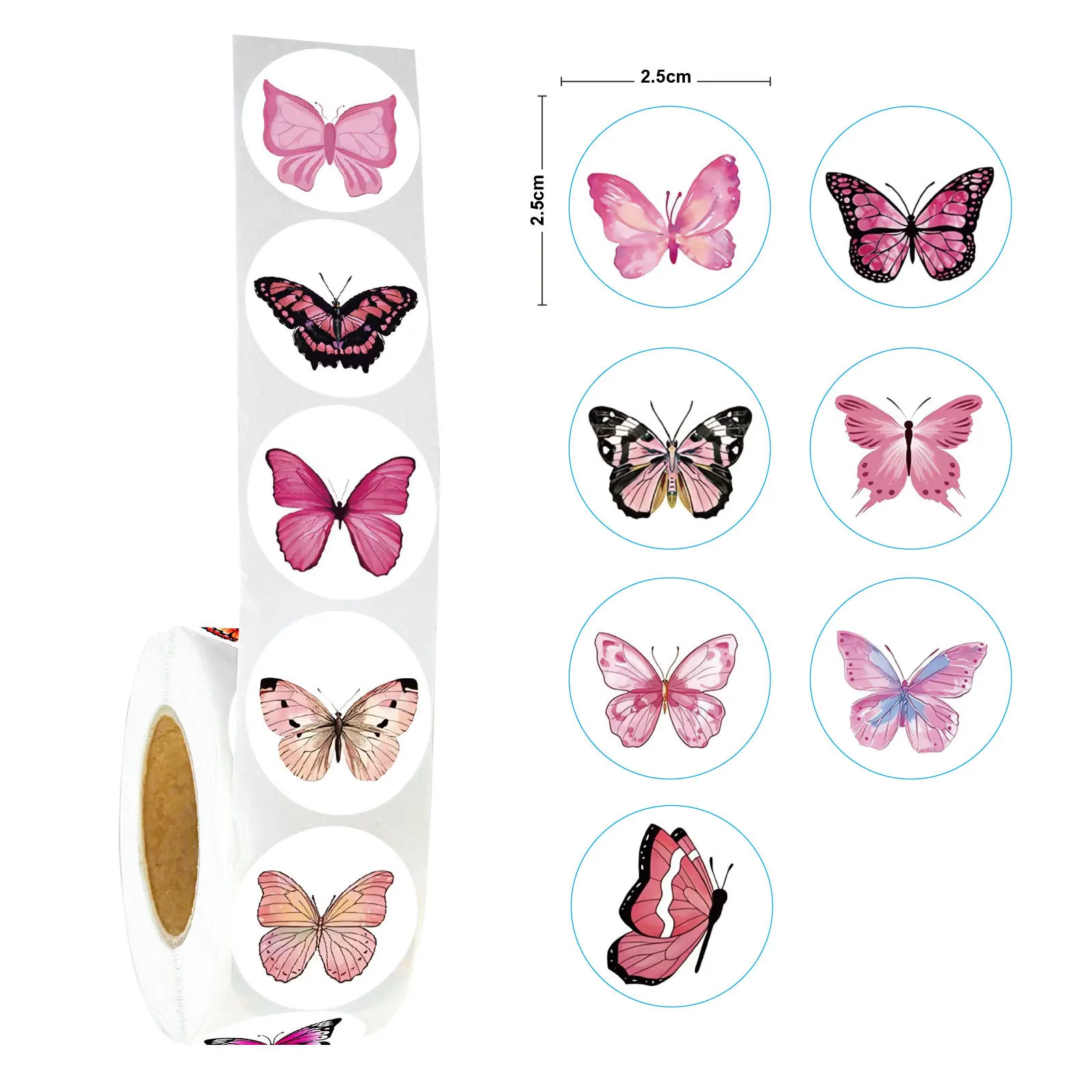 500Pcs-1-Rolls-2-5cm-1inch-Pink-Yellow-Butterfly-Flower-Shaped-Sticker ...